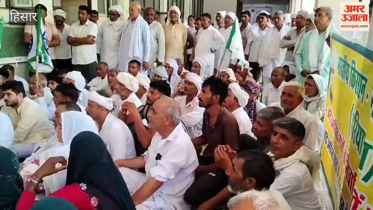 हांसी में फसल खराब के मुआवजे को लेकर किसानों ने तहसीलदार कार्यालय के ...